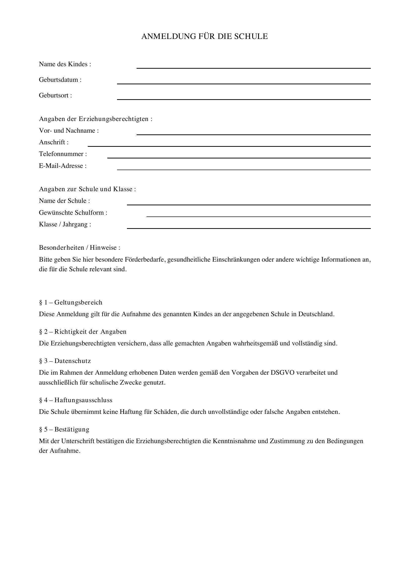 Anmeldung Für Schule Schreiben