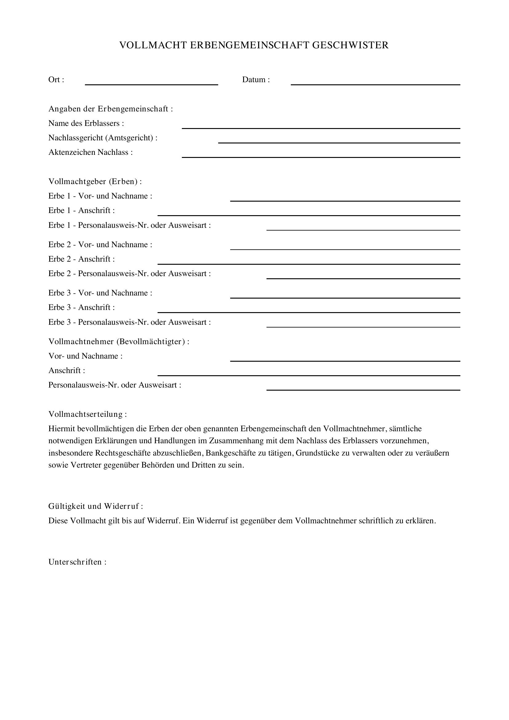 Vollmacht Nachlassabwicklung Muster